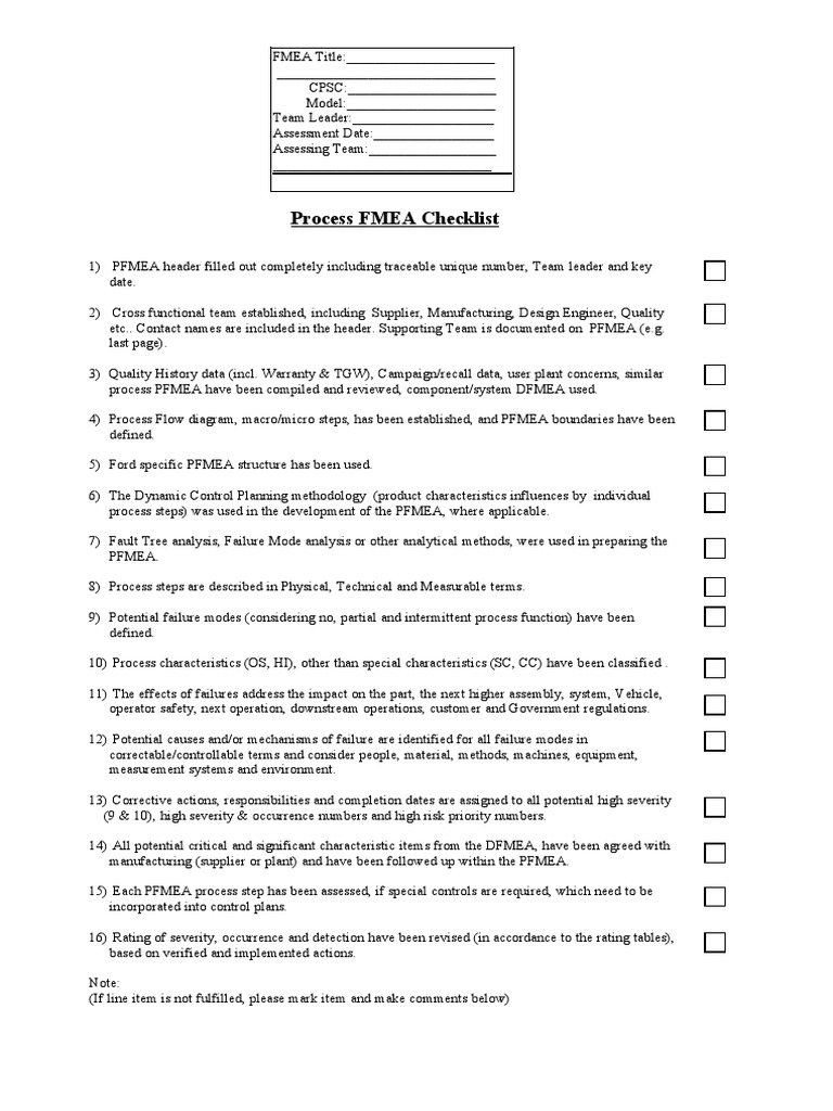 Process FMEA Checklist | PDF | Systems Theory | Computing