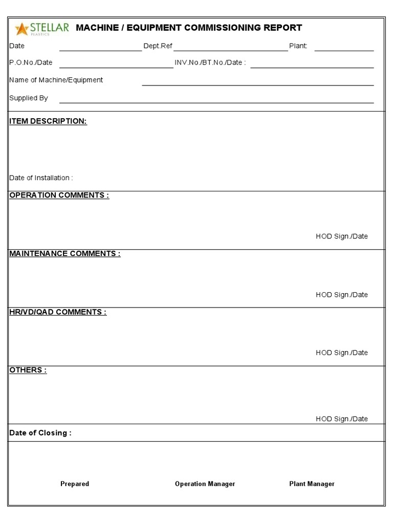 Machine / Equipment Commissioning Report: Item Description | PDF
