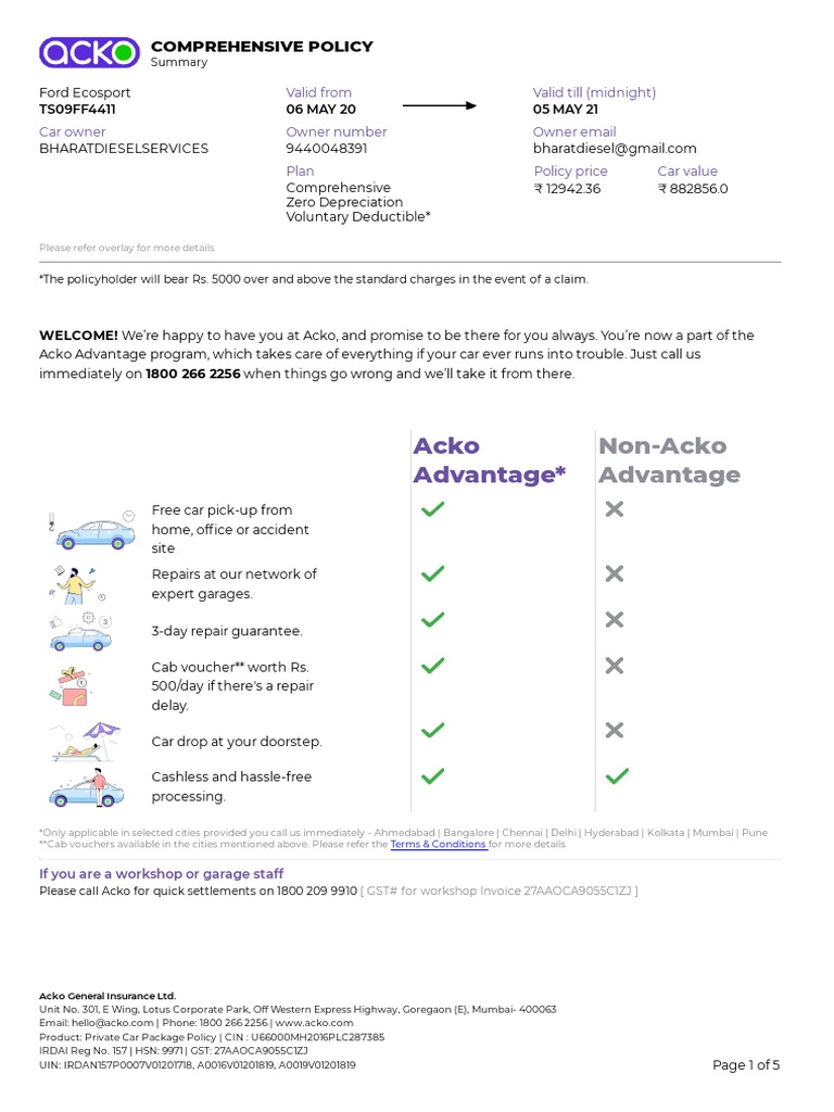 Acko Car Policy - DCCR00290623460 - 00 | PDF | Insurance | Deductible