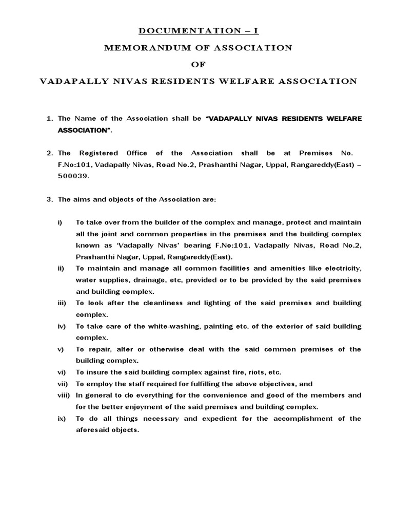 Documentation - I Memorandum of Association OF Vadapally Nivas ...