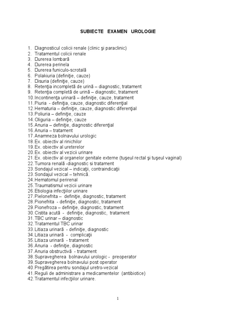 Subiecte Examen Urologie | PDF