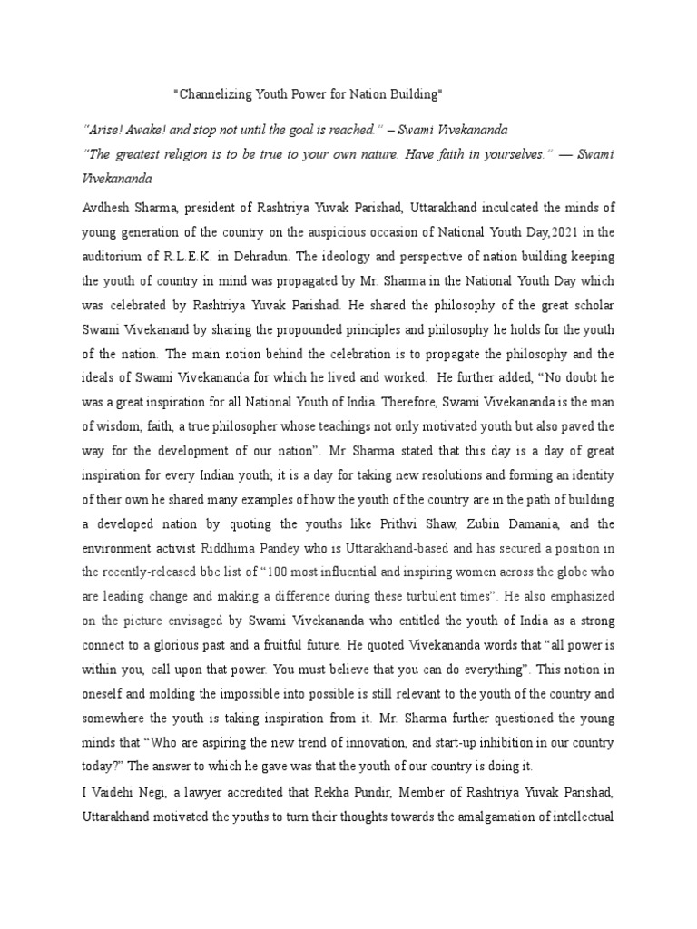Youth Power in Nation Building | PDF | Swami Vivekananda
