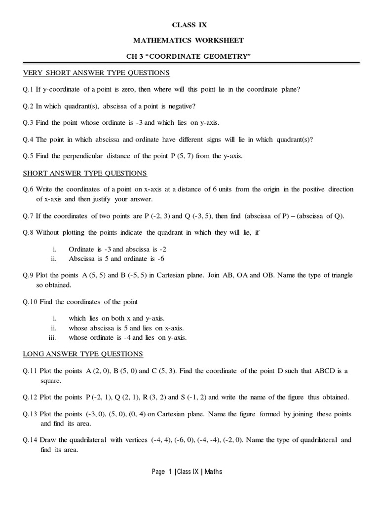 Class Ix Mathematics Worksheet Ch 3 Coordinate Geometry Pdf Cartesian Coordinate System