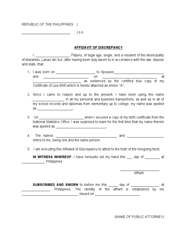 Affidavit of Discrepancy | Download Free PDF | Affidavit | Philippines
