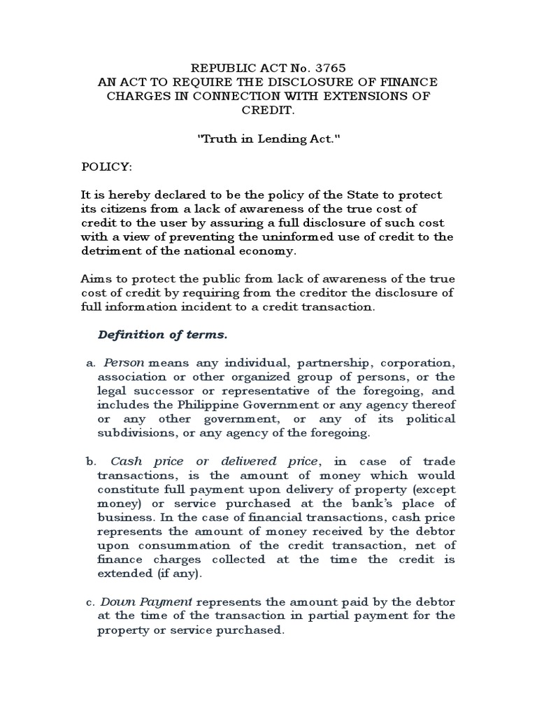 Republic Act No. 3765 Truth in Lending Act | PDF | Finance & Money ...