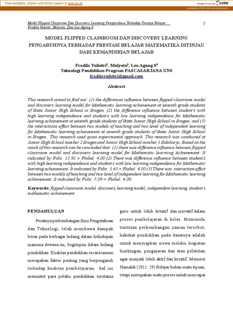 Model Flipped Classroom Dan Discovery Learning Pengaruhnya Terhadap Prestasi Belajar Matematika
