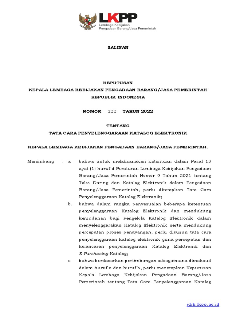 Keputusan Kepala Lkpp Nomor 122 Tahun 2022 1996 1 Pdf