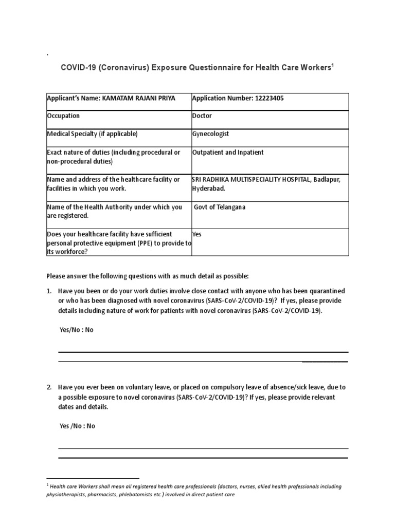 COVID-19 (Coronavirus) Exposure Questionnaire For Health Care Workers ...