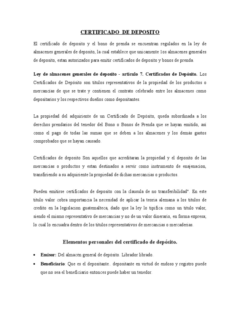 Certificado De Depósito Y Bono De Prenda Pdf Propiedad Pagos