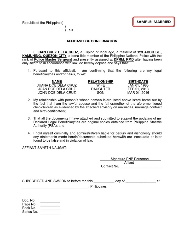 Affidavit of Confirmation Format 2021 Version | PDF | Affidavit | Civil ...