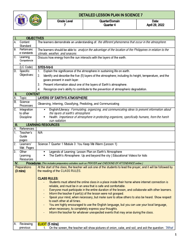 Detailed Lesson Plan in Science 7: Performanc e Standards Learning ...