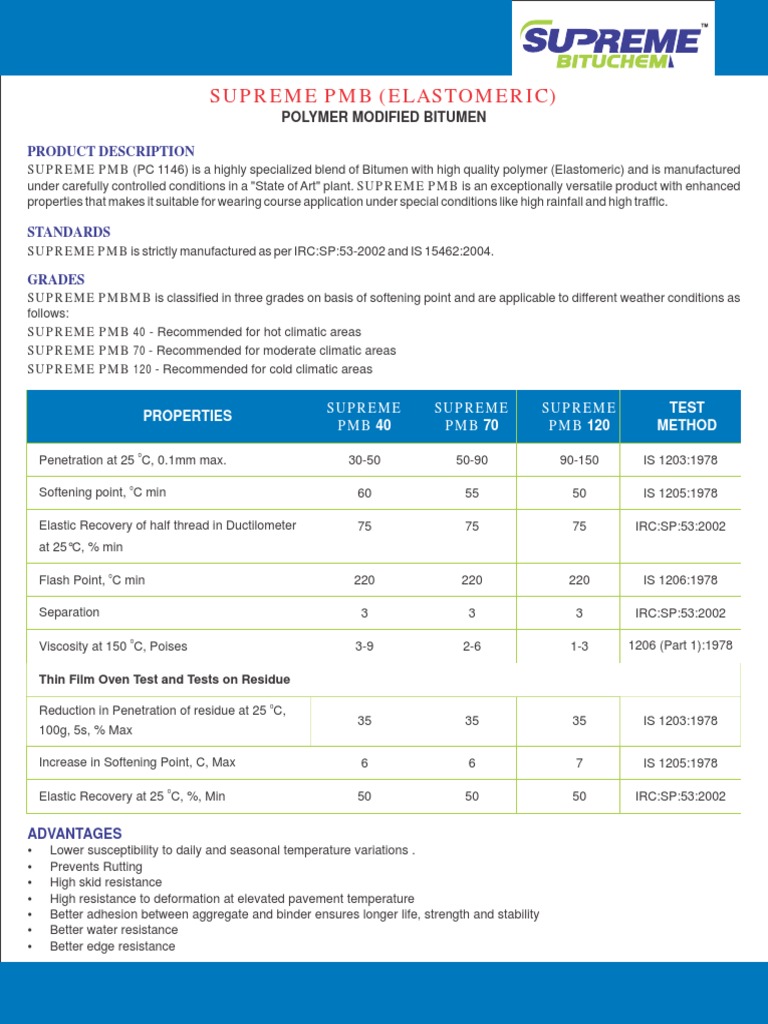Supreme PMB (Elastomeric) : Product Description | PDF | Asphalt | Road ...
