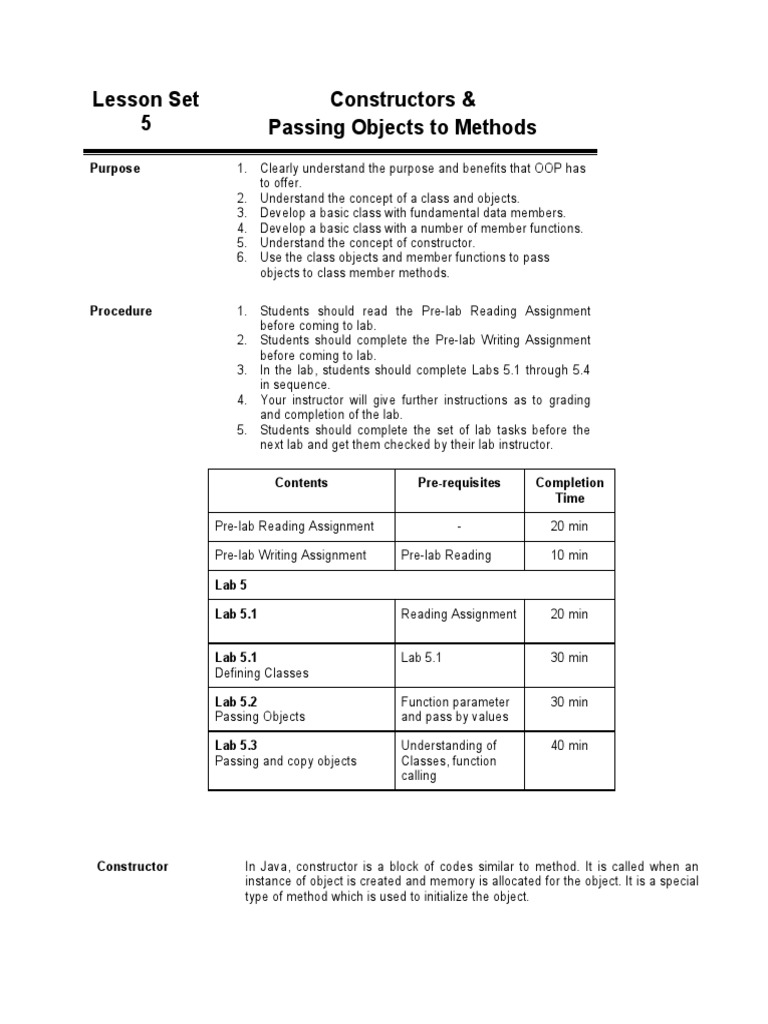 Lesson Set 5 Constructors & Passing Objects To Methods: Purpose | PDF ...