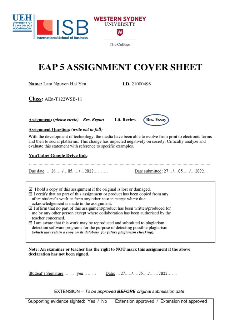Eap 5 Assignment Cover Sheet: Class | PDF | Career & Growth | Computers