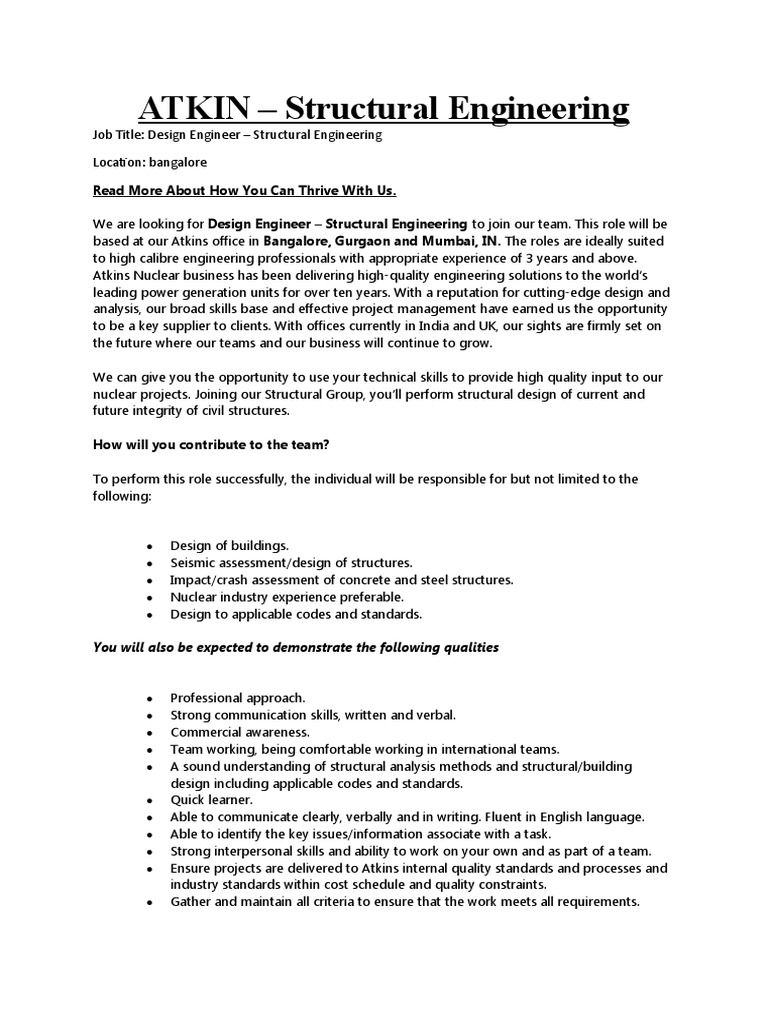 ATKIN - Structural Engineering: Job Title: Design Engineer - Structural ...