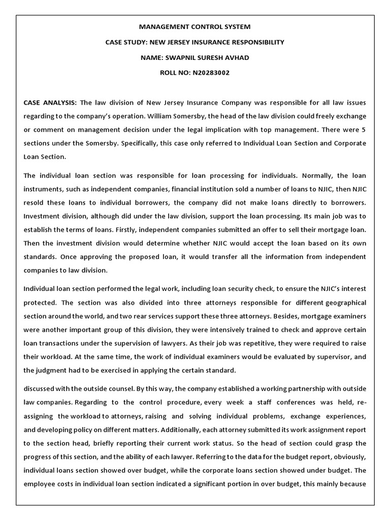 Management Control System Case Study: New Jersey Insurance ...