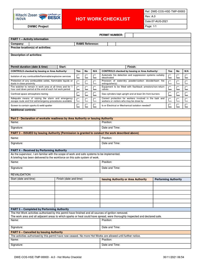 Hot Work Safety Checklist Template | PDF | Fires | Energy Technology
