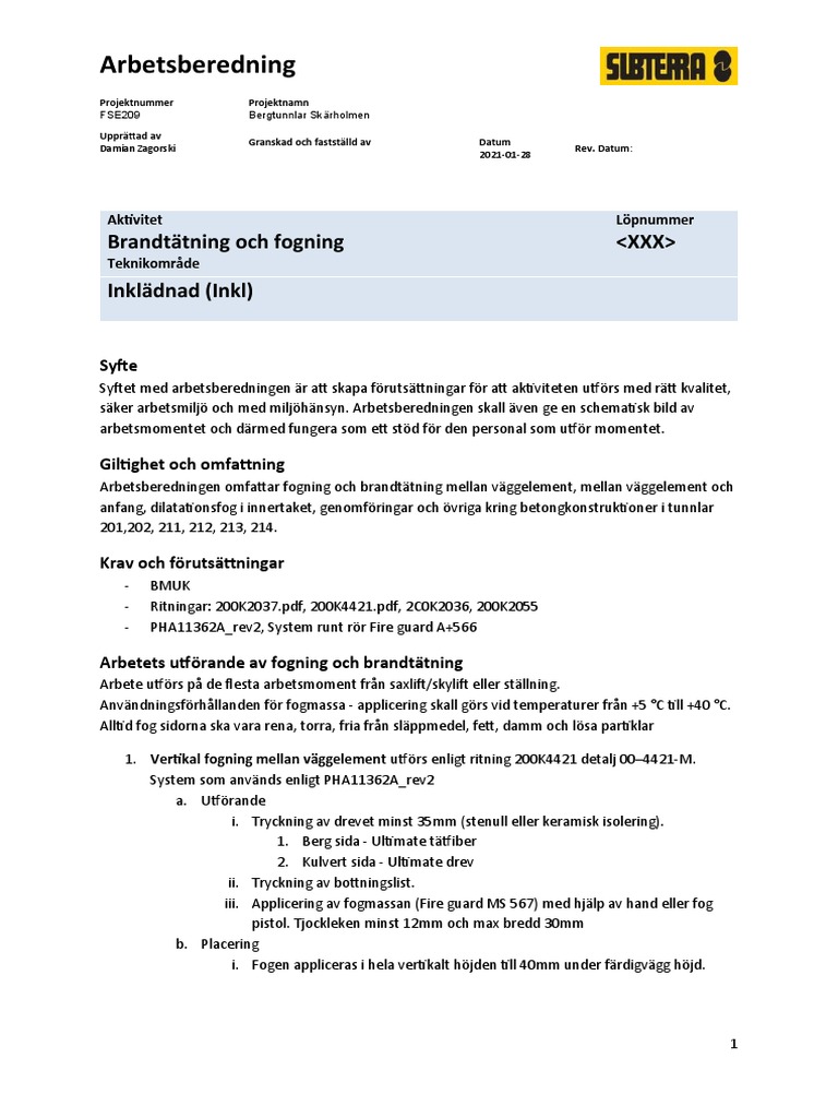 Method Statement For Fire Joints Brandfogning | PDF