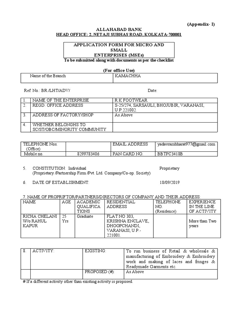 (Appendix-I) Allahabad Bank Application Form For Micro and Small Enterprises (Mses) (For Office ...