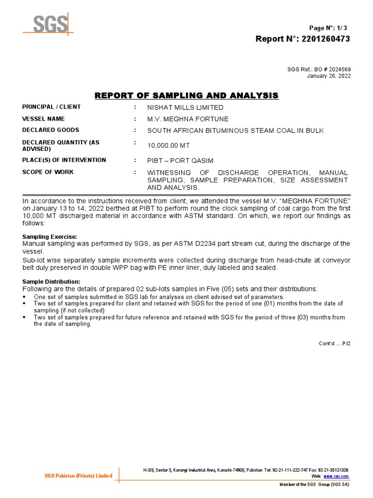 SGS Coal Analysis Report for Meghna Fortune | PDF | Sampling ...