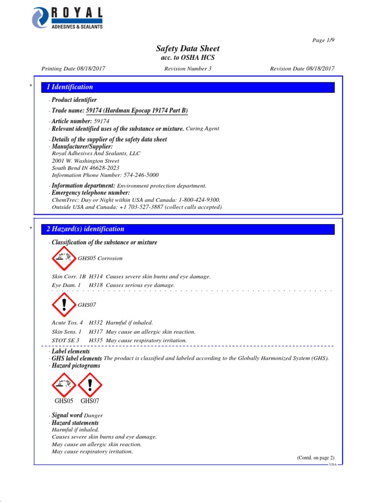 Safety Data Sheet: 1 Identification | PDF | Dangerous Goods | Chemistry