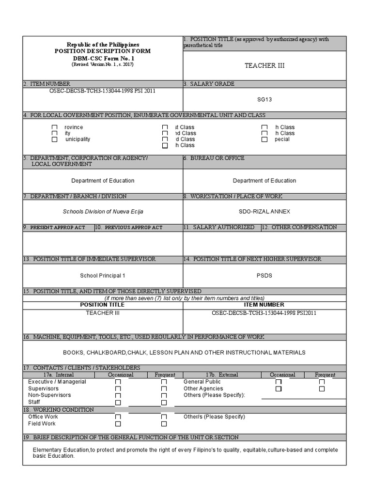 Position Description Form DBM-CSC Form No 1 | PDF | Teachers | Curriculum