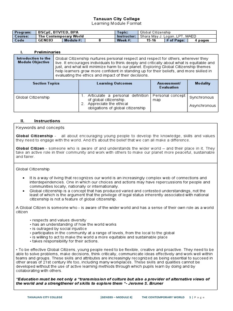 Tanauan City College: Learning Module Format | PDF | Citizenship | Learning