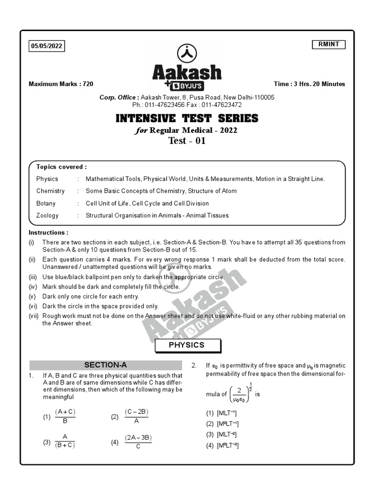 Aakash Intensive Test - 01 Paper (@TEAMFLOOD) | PDF | Cell (Biology ...