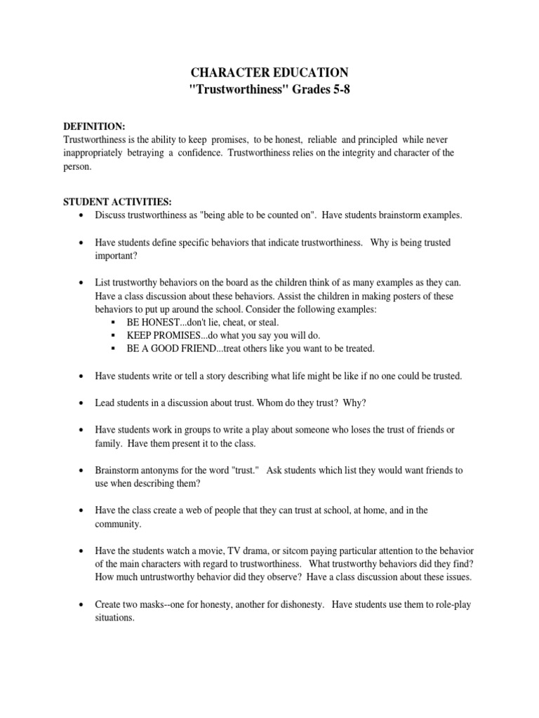 Trustworthiness in Character Education | PDF | Cognition | Psychology
