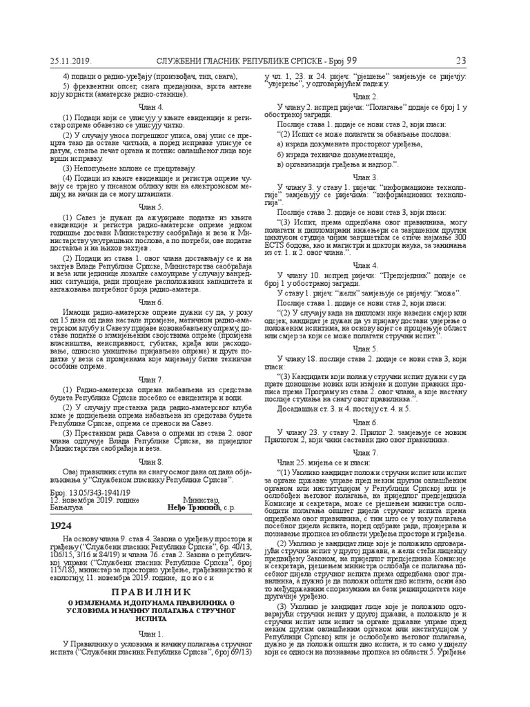 71-99-19 Pravilnik O-Izmjenama I Dopunama Pravilnika-O Uslovima I Nacinu-Polaganja-Strucnog ...