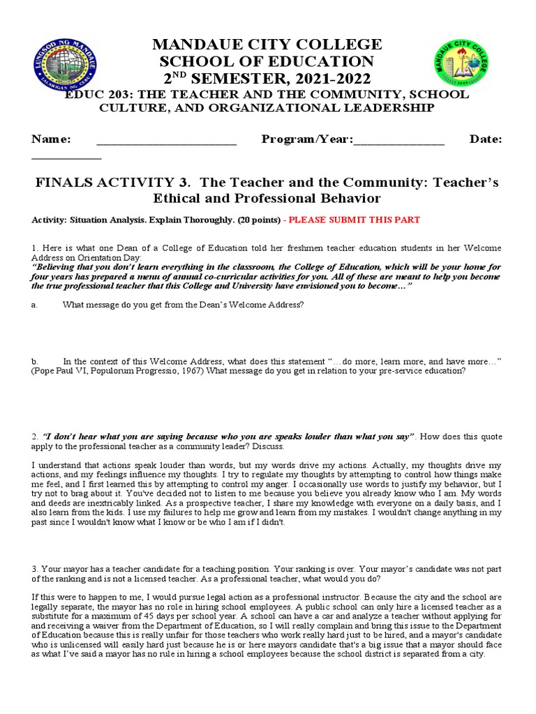 Educ 203 Finals Activity 3 | PDF | Teachers | Psychology