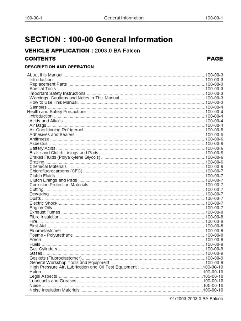 Ford BA Falcon Manual Index | PDF | Axle | Transportation Engineering