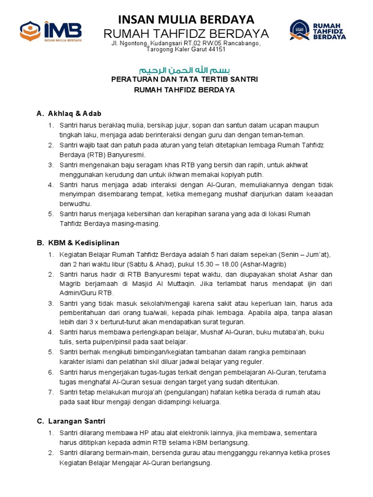Tata Tertib Santri RTB | PDF