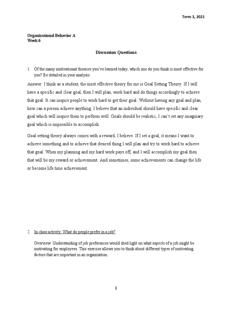 Discussion Questions: Term 3, 2021 | PDF | Goal | Motivational