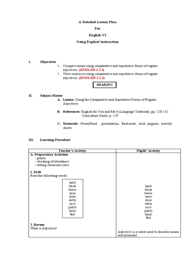A Detailed Lesson Plan For English VI Using Explicit Instruction | PDF ...