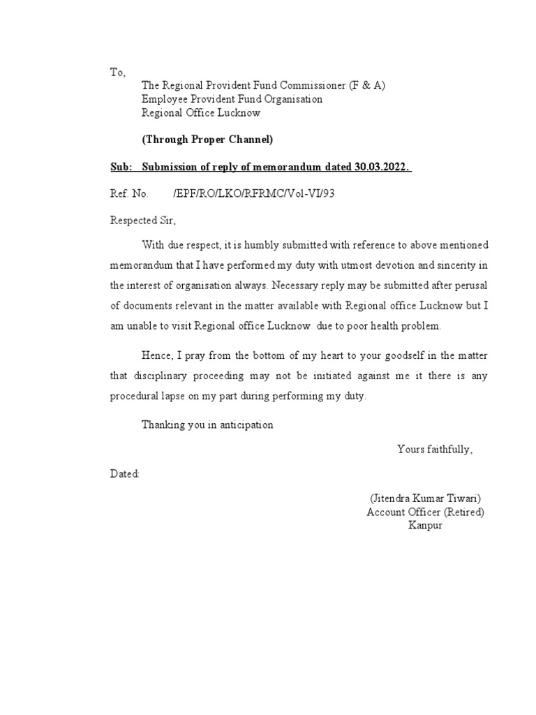 (Through Proper Channel) Sub: Submission of Reply of Memorandum Dated ...