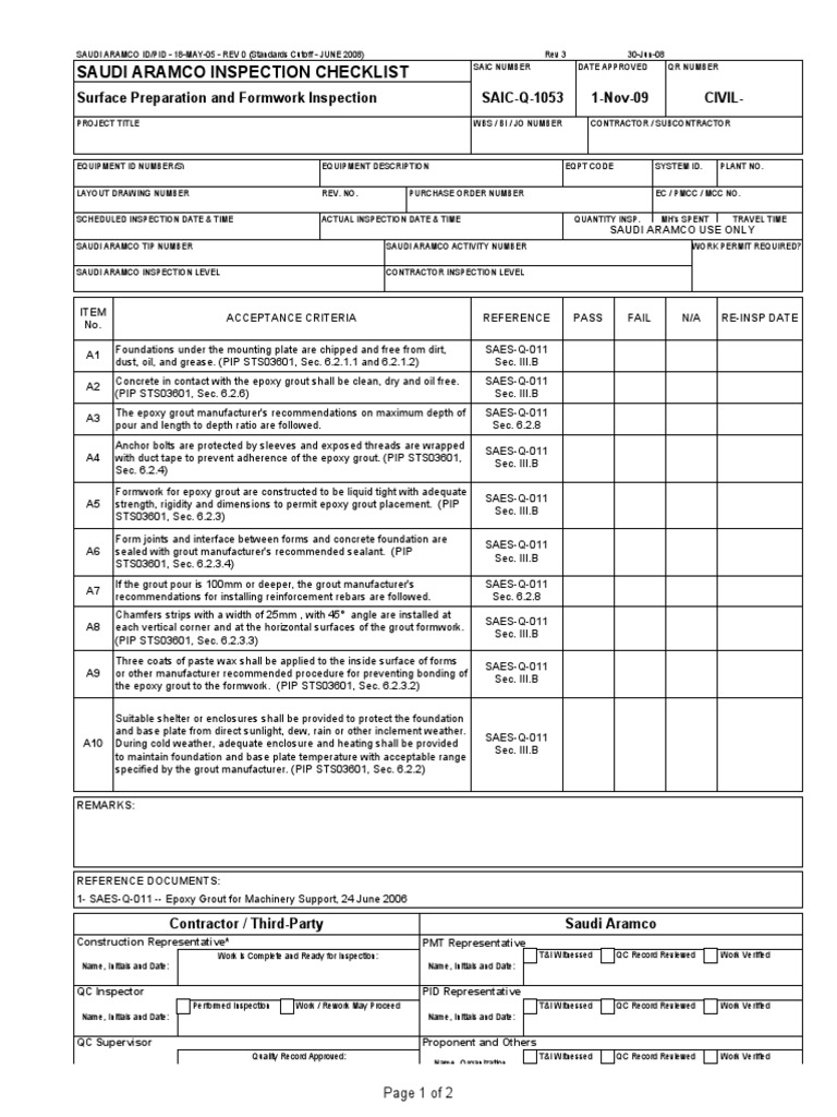 Saudi Aramco Inspection Checklist: Surface Preparation and Formwork ...