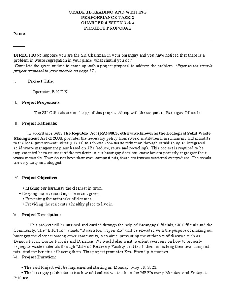 Barangay Waste Segregation Project Proposal | PDF | Waste | Waste ...
