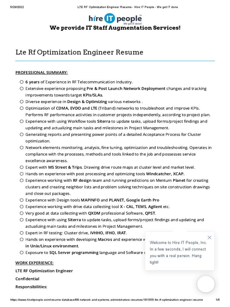 LTE RF Optimization Engineer Resume - Hire IT People - We Get IT Done | PDF | Lte ...