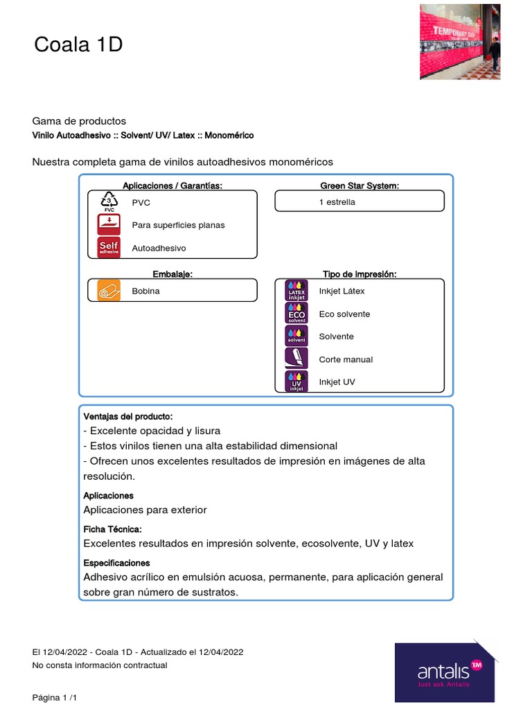 FICHA TECNICA PAPEL VINILO PVC ADHESIVO Coala+1D | PDF