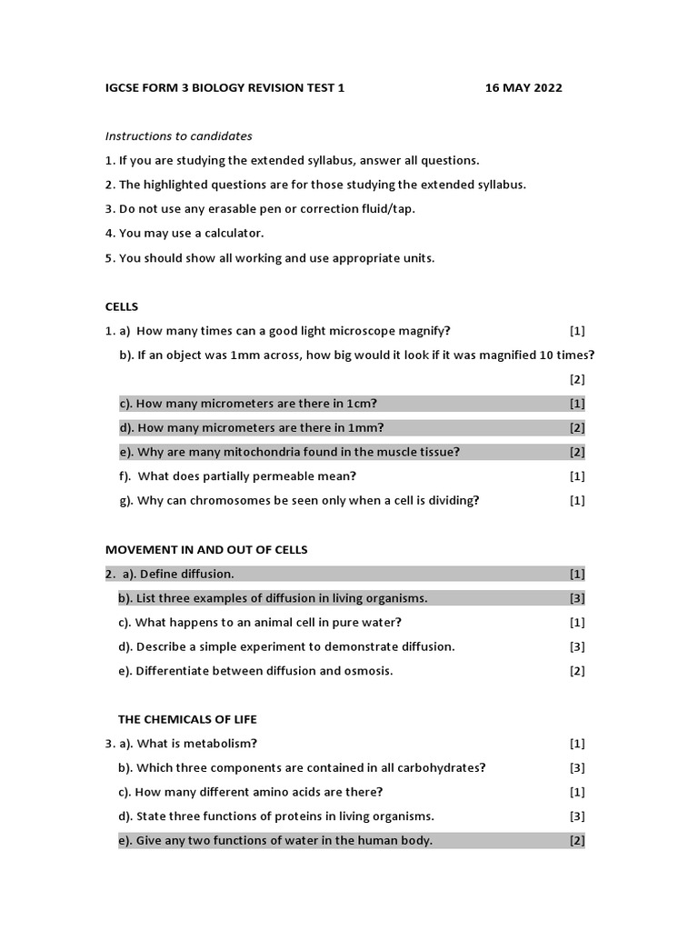 Igcse Form 3 Biology Revision Test 1 16 May 2022 | PDF | Cell (Biology ...