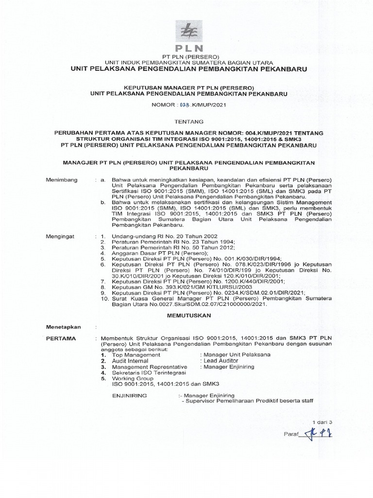 K 028 Struktur Organisasi Tim Integrasi Iso 9001 2015 14001 20015 Smk3 ...