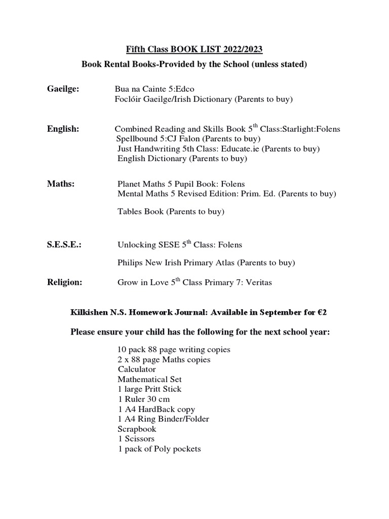 Fifth Class Book List 2022/2023 | PDF | Language Arts & Discipline