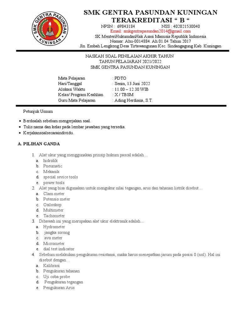Soal Uas Pdto Kls X TBSM SMK Gentra Pasundan | PDF | Metode & Bahan Ajar | Komputer