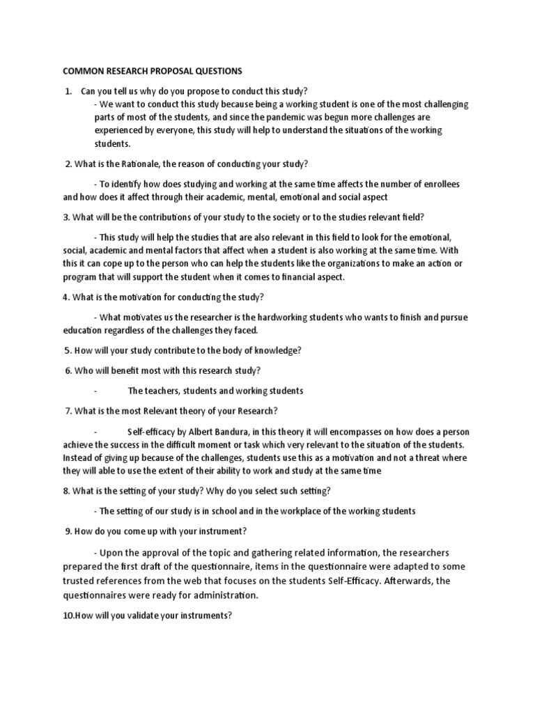 COMMON RESEARCH PROPOSAL QUESTIONS | PDF | Self Efficacy | Cognitive ...