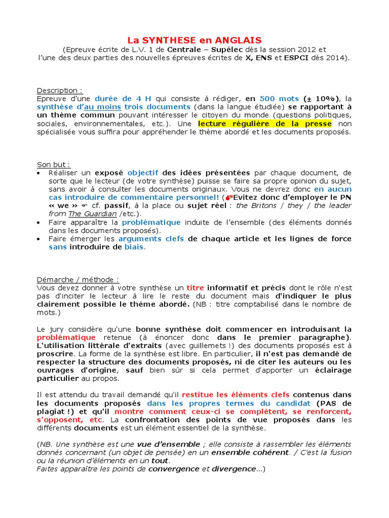 Synthèse - Méthode, Conseils & Langue. | Descargar gratis PDF | Linguistique | Écriture