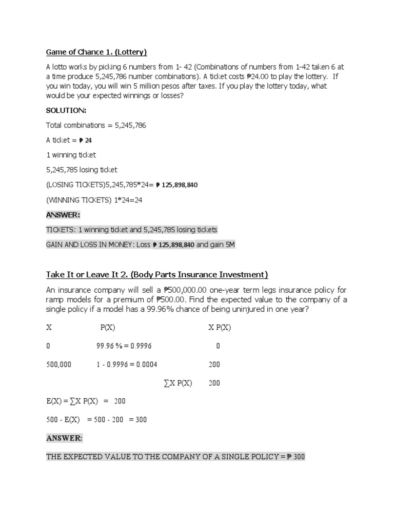 Game of Chance 1. (Lottery) : Take It or Leave It 2. (Body Parts ...
