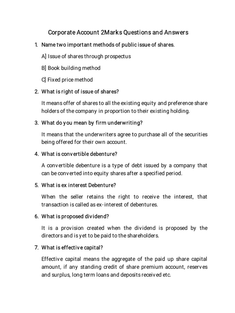 Corporate Account 2marks Questions and Answers | PDF