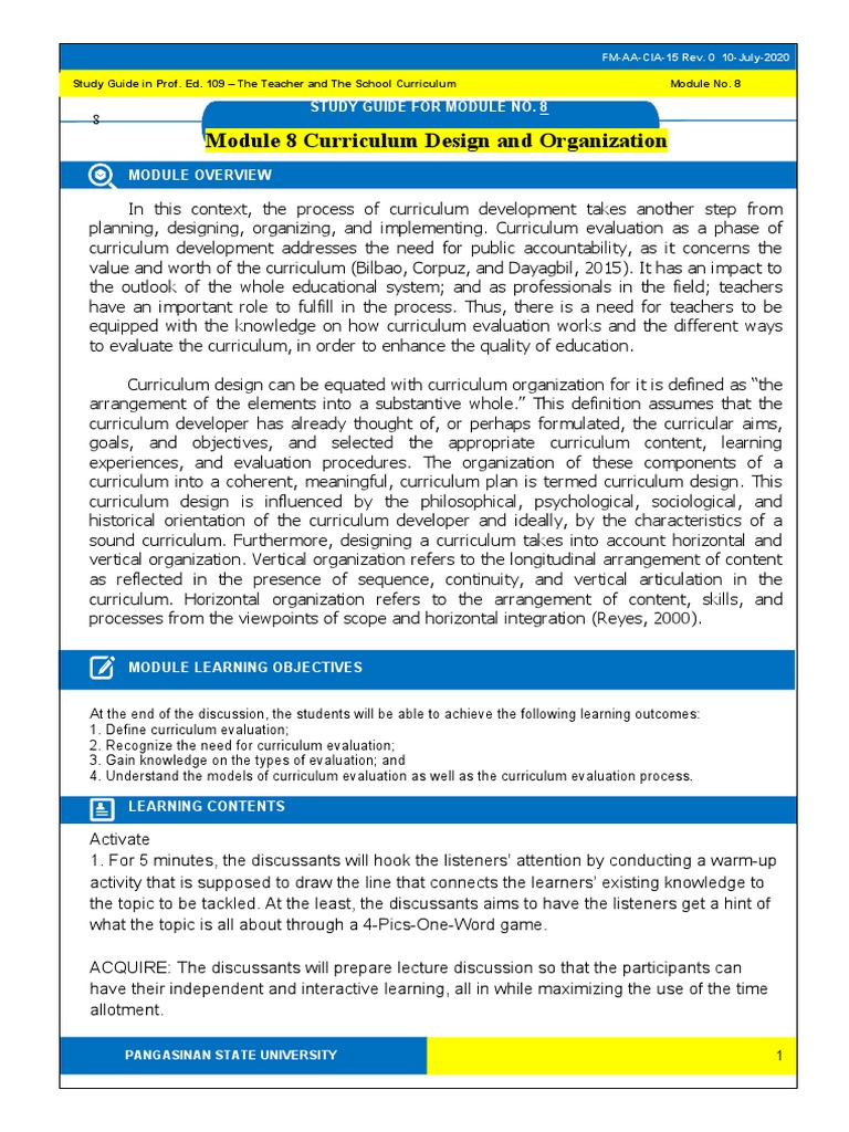 Module 8 Curriculum Design and Organization: Study Guide For Module No ...