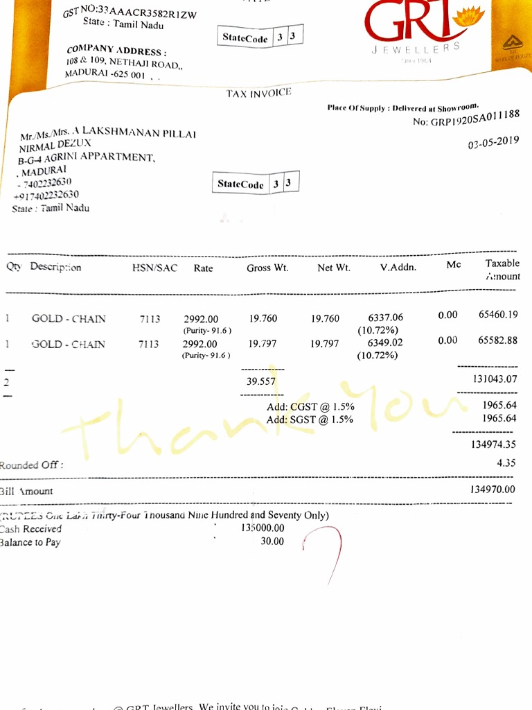 Gold Jewellery Tax Invoice | PDF | Trade | Sales